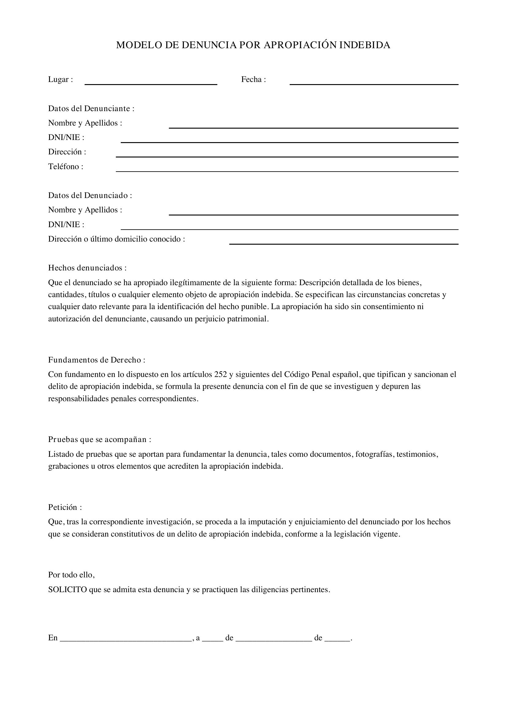 Modelo Denuncia Apropiación Indebida
