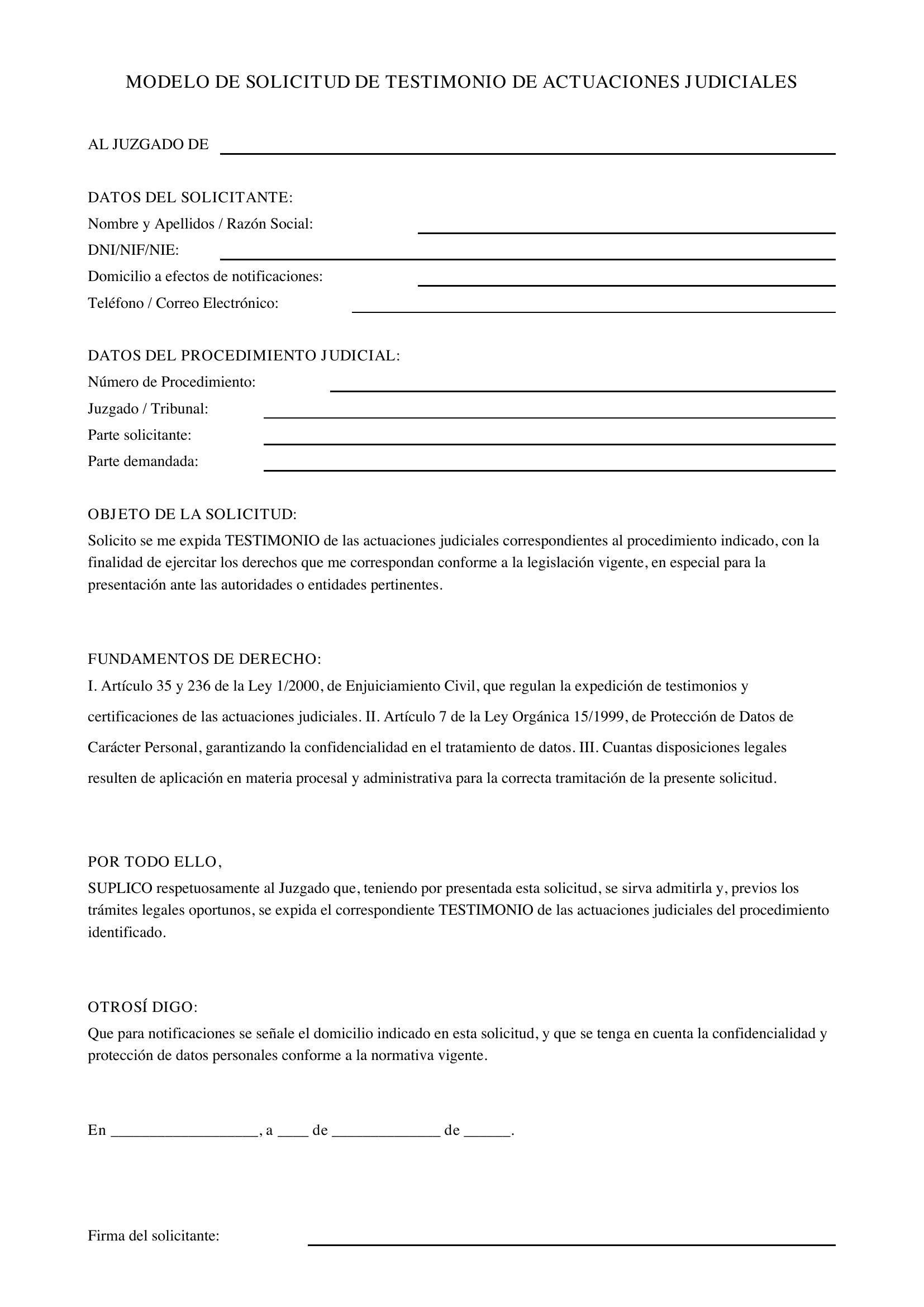 Modelo Solicitud Testimonio Actuaciones Judiciales